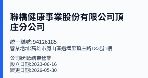 聯橋健康事業股份有限公司頂庄分公司的照片-統編 94126185(高雄市) 公司登記資料與營業項目詳細圖表