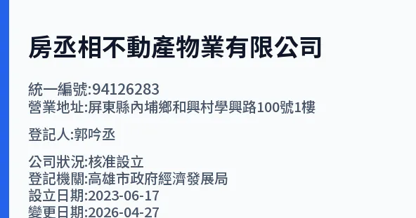 房丞相不動產物業有限公司的照片-統編 94126283(屏東縣) 公司登記資料與營業項目詳細圖表