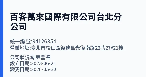 百客萬來國際有限公司台北分公司的照片-統編 94126354(臺北市) 公司登記資料與營業項目詳細圖表