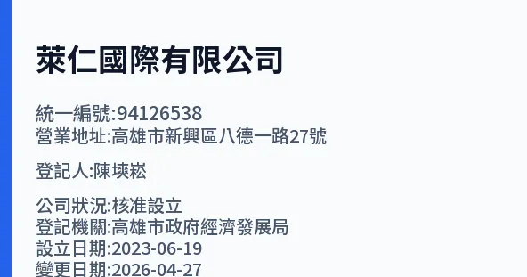 萊仁國際有限公司的照片-統編 94126538(高雄市) 公司登記資料與營業項目詳細圖表