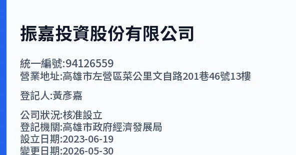 振嘉投資股份有限公司的照片-統編 94126559(高雄市) 公司登記資料與營業項目詳細圖表