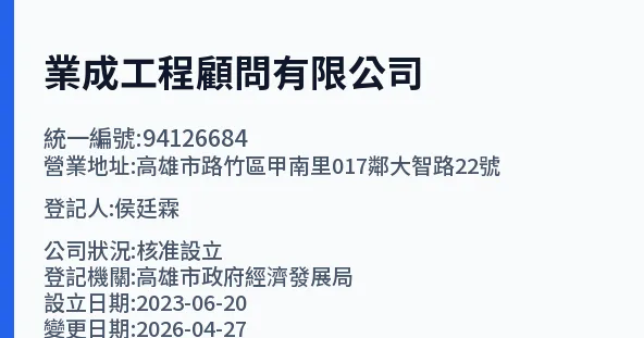業成工程顧問有限公司的照片-統編 94126684(高雄市) 公司登記資料與營業項目詳細圖表