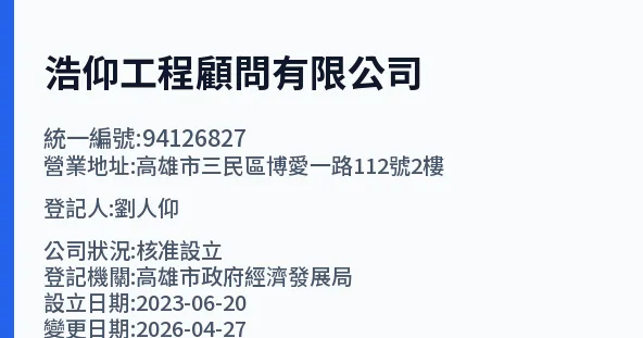 浩仰工程顧問有限公司的照片-統編 94126827(高雄市) 公司登記資料與營業項目詳細圖表