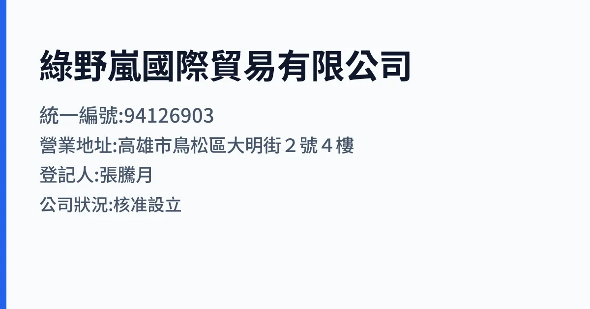綠野嵐國際貿易有限公司 - 統編 94126903(高雄市) 公司登記資料與營業項目詳細圖表