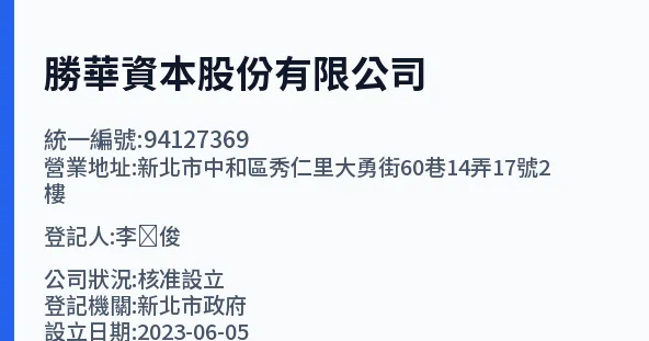 勝華資本股份有限公司的照片-統編 94127369(新北市) 公司登記資料與營業項目詳細圖表