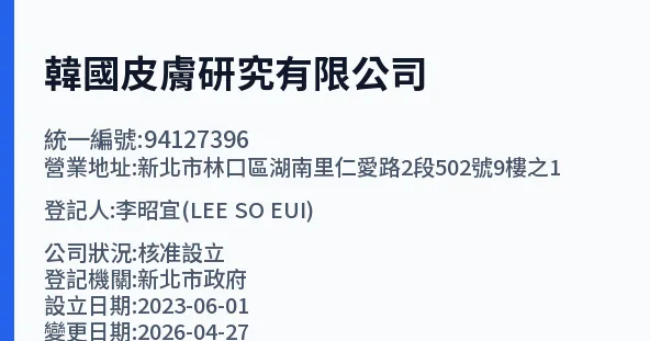 韓國皮膚研究有限公司的照片-統編 94127396(新北市) 公司登記資料與營業項目詳細圖表