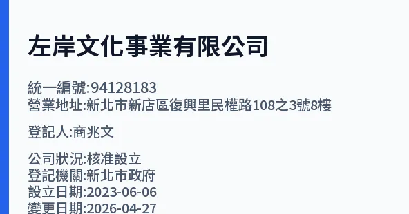 左岸文化事業有限公司的照片-統編 94128183(新北市) 公司登記資料與營業項目詳細圖表