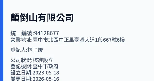顛倒山有限公司的照片-統編 94128677(臺中市) 公司登記資料與營業項目詳細圖表