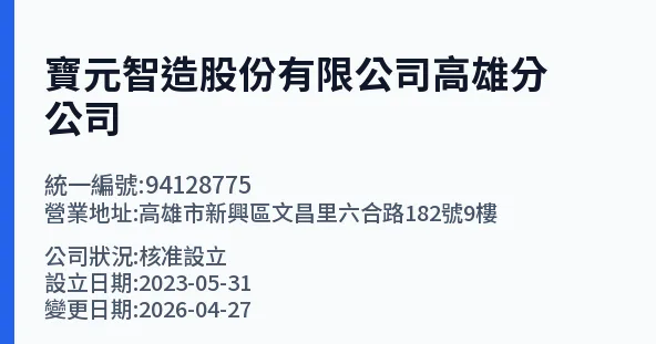 寶元智造股份有限公司高雄分公司的照片-統編 94128775(高雄市) 公司登記資料與營業項目詳細圖表