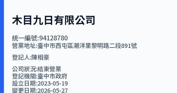 木目九日有限公司的照片-統編 94128780(臺中市) 公司登記資料與營業項目詳細圖表