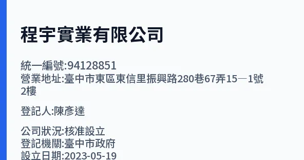 程宇實業有限公司的照片-統編 94128851(臺中市) 公司登記資料與營業項目詳細圖表