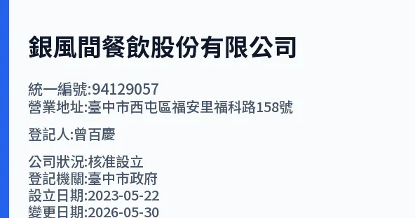 銀風間餐飲股份有限公司的照片-統編 94129057(臺中市) 公司登記資料與營業項目詳細圖表