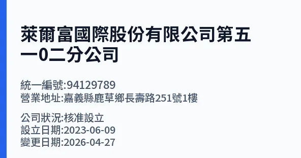 萊爾富國際股份有限公司第五一0二分公司的照片-統編 94129789(嘉義縣) 公司登記資料與營業項目詳細圖表