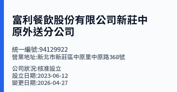 富利餐飲股份有限公司新莊中原外送分公司的照片-統編 94129922(新北市) 公司登記資料與營業項目詳細圖表