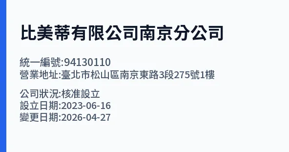 比美蒂有限公司南京分公司的照片-統編 94130110(臺北市) 公司登記資料與營業項目詳細圖表