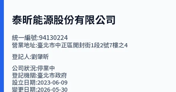 泰昕能源股份有限公司的照片-統編 94130224(臺北市) 公司登記資料與營業項目詳細圖表