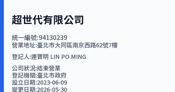 超世代有限公司的照片-統編 94130239(臺北市) 公司登記資料與營業項目詳細圖表