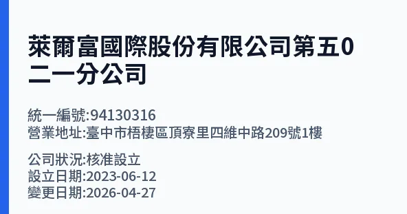 萊爾富國際股份有限公司第五0二一分公司的照片-統編 94130316(臺中市) 公司登記資料與營業項目詳細圖表
