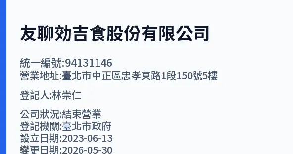 友聊効吉食股份有限公司的照片-統編 94131146(臺北市) 公司登記資料與營業項目詳細圖表