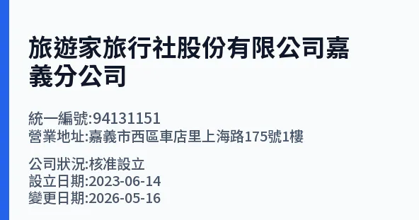 旅遊家旅行社股份有限公司嘉義分公司的照片-統編 94131151(嘉義市) 公司登記資料與營業項目詳細圖表