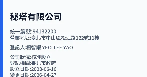 秘塔有限公司的照片-統編 94132200(臺北市) 公司登記資料與營業項目詳細圖表