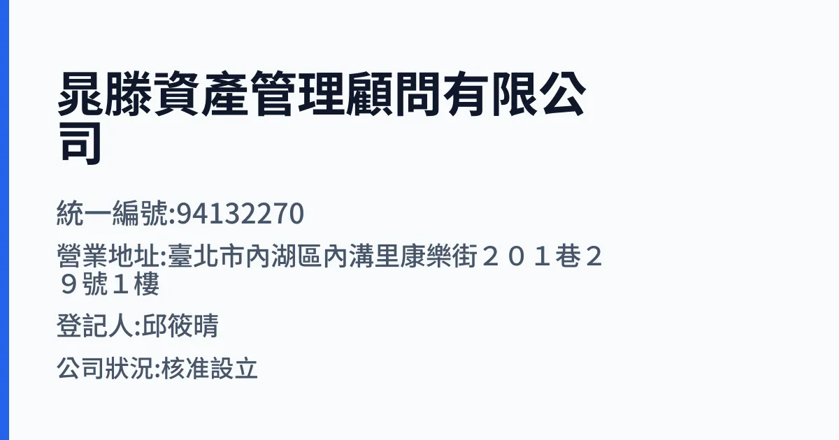 晁滕資產管理顧問有限公司 - 統編 94132270(臺北市) 公司登記資料與營業項目詳細圖表