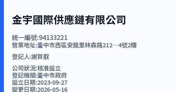 金宇國際供應鏈有限公司的照片-統編 94133221(臺中市) 公司登記資料與營業項目詳細圖表