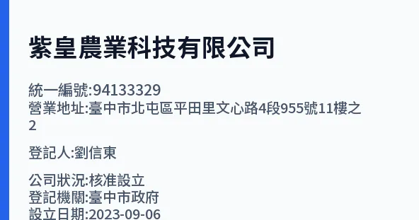紫皇農業科技有限公司的照片-統編 94133329(臺中市) 公司登記資料與營業項目詳細圖表