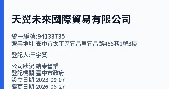 天翼未來國際貿易有限公司的照片-統編 94133735(臺中市) 公司登記資料與營業項目詳細圖表