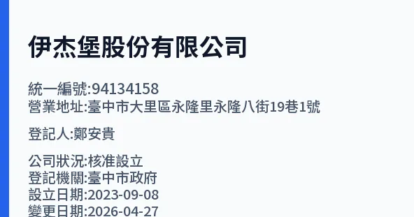 伊杰堡股份有限公司的照片-統編 94134158(臺中市) 公司登記資料與營業項目詳細圖表