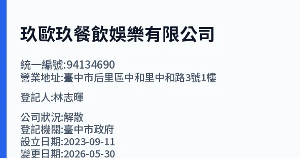 玖歐玖餐飲娛樂有限公司的照片-統編 94134690(臺中市) 公司登記資料與營業項目詳細圖表