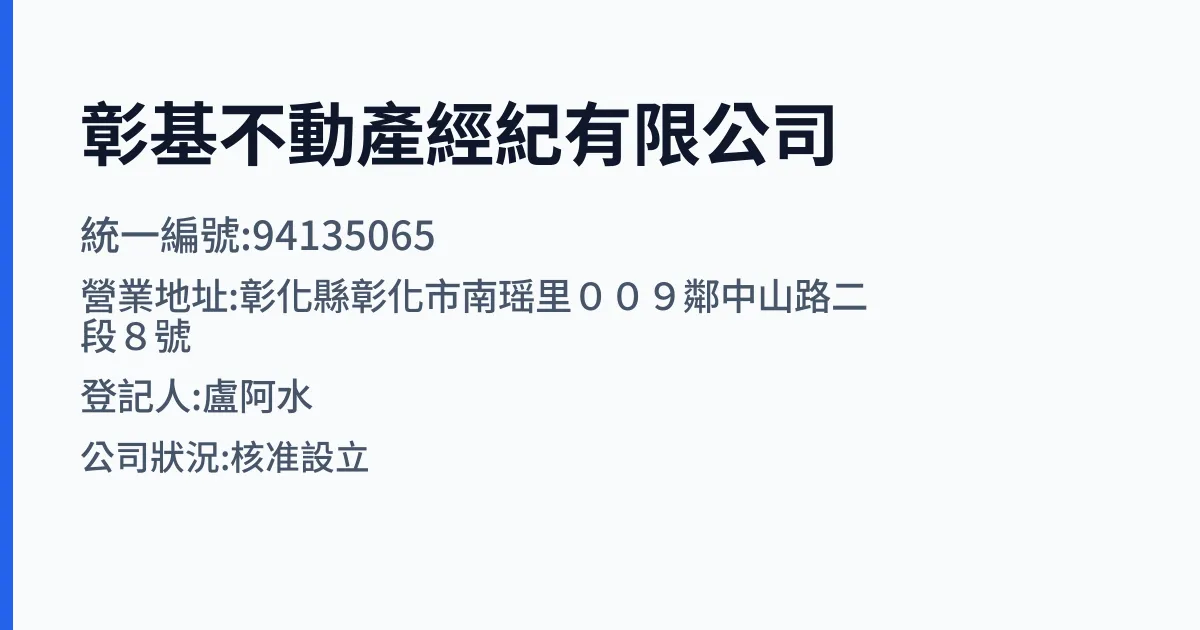 彰基不動產經紀有限公司 - 統編 94135065(彰化縣) 公司登記資料與營業項目詳細圖表