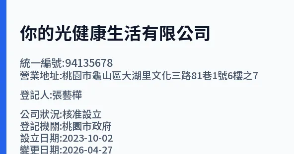 你的光健康生活有限公司的照片-統編 94135678(桃園市) 公司登記資料與營業項目詳細圖表