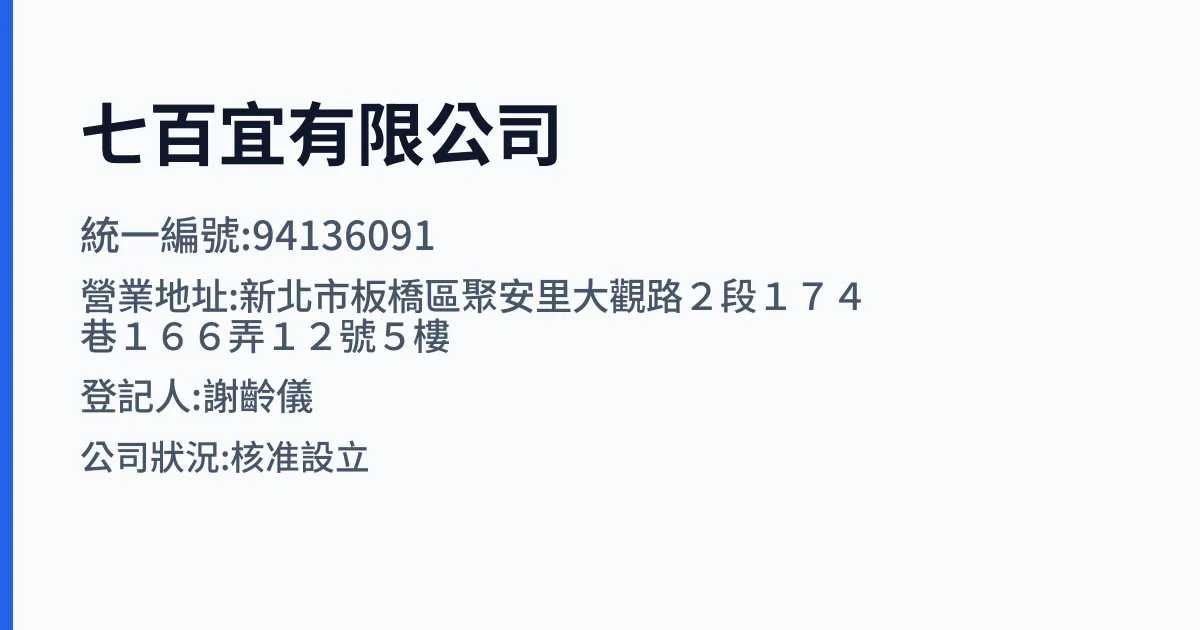 七百宜有限公司 - 統編 94136091(桃園市) 公司登記資料與營業項目詳細圖表