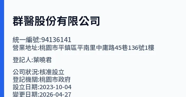 群醫股份有限公司的照片-統編 94136141(桃園市) 公司登記資料與營業項目詳細圖表