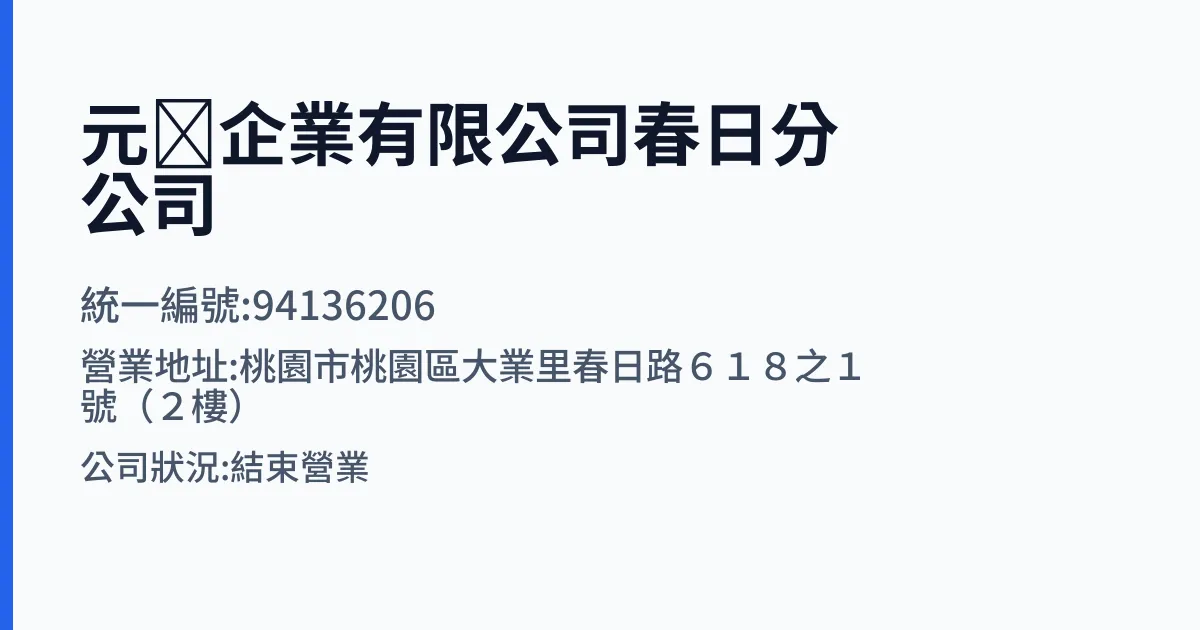 元魣企業有限公司春日分公司 - 統編 94136206(桃園市) 公司登記資料與營業項目詳細圖表