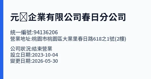 元魣企業有限公司春日分公司的照片-統編 94136206(桃園市) 公司登記資料與營業項目詳細圖表