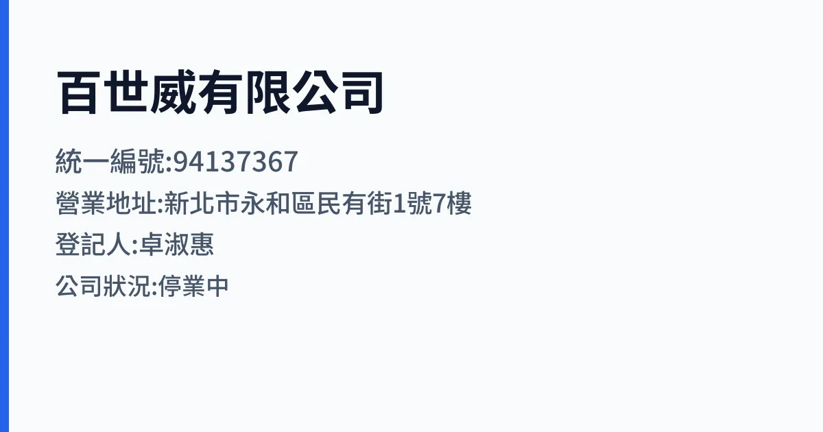 百世威有限公司 - 統編 94137367(新北市) 公司登記資料與營業項目詳細圖表