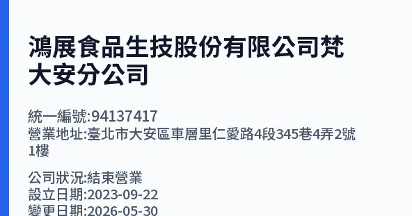 鴻展食品生技股份有限公司梵大安分公司的照片-統編 94137417(臺北市) 公司登記資料與營業項目詳細圖表