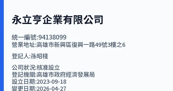 永立亨企業有限公司的照片-統編 94138099(高雄市) 公司登記資料與營業項目詳細圖表