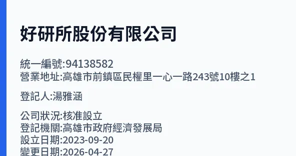 好研所股份有限公司的照片-統編 94138582(高雄市) 公司登記資料與營業項目詳細圖表