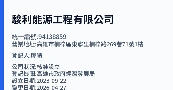 駿利能源工程有限公司的照片-統編 94138859(高雄市) 公司登記資料與營業項目詳細圖表
