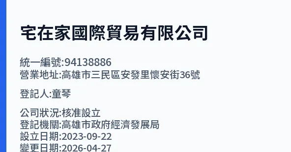 宅在家國際貿易有限公司的照片-統編 94138886(高雄市) 公司登記資料與營業項目詳細圖表
