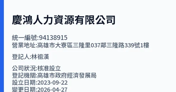 慶鴻人力資源有限公司的照片-統編 94138915(高雄市) 公司登記資料與營業項目詳細圖表