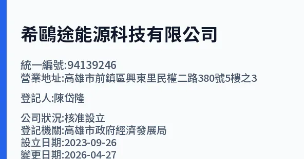 希鷗途能源科技有限公司的照片-統編 94139246(高雄市) 公司登記資料與營業項目詳細圖表