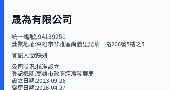 晟為有限公司的照片-統編 94139251(高雄市) 公司登記資料與營業項目詳細圖表