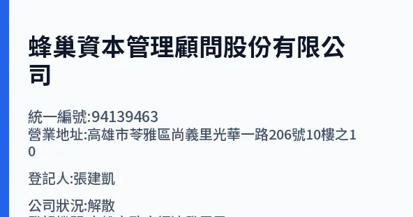 蜂巢資本管理顧問股份有限公司的照片-統編 94139463(高雄市) 公司登記資料與營業項目詳細圖表