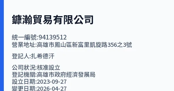 鏮瀚貿易有限公司的照片-統編 94139512(高雄市) 公司登記資料與營業項目詳細圖表