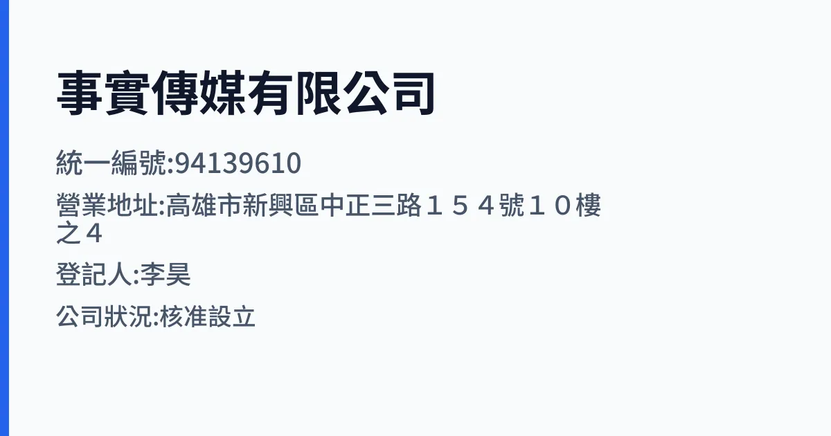 事實傳媒有限公司 - 統編 94139610(高雄市) 公司登記資料與營業項目詳細圖表