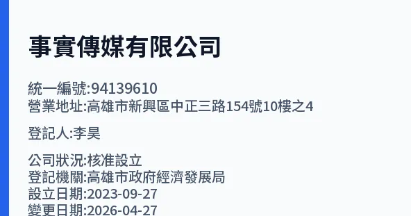 事實傳媒有限公司的照片-統編 94139610(高雄市) 公司登記資料與營業項目詳細圖表
